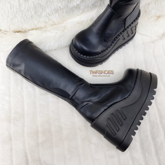 Demonia | Shoes | Stretch Platform Wedge Heel Knee Boots Goth Punk ...